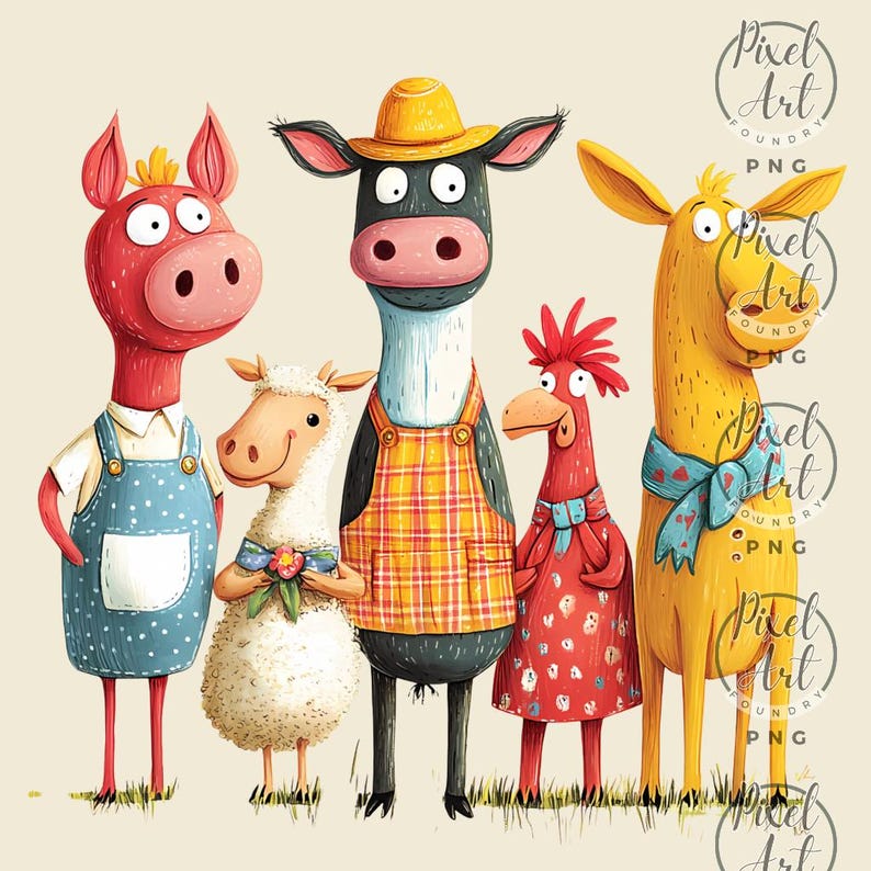 Farm Animal Friends Clipart, 17 Quirky Cartoon Animals PNG, Cute Cow ...