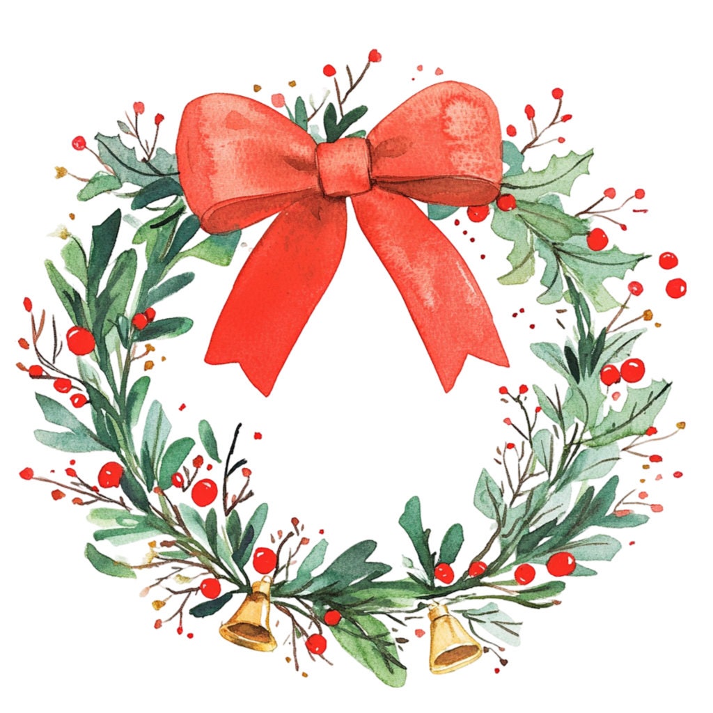 Christmas Wreath Clipart Set, 24 Pngs, Holiday Greenery and Red Bows ...