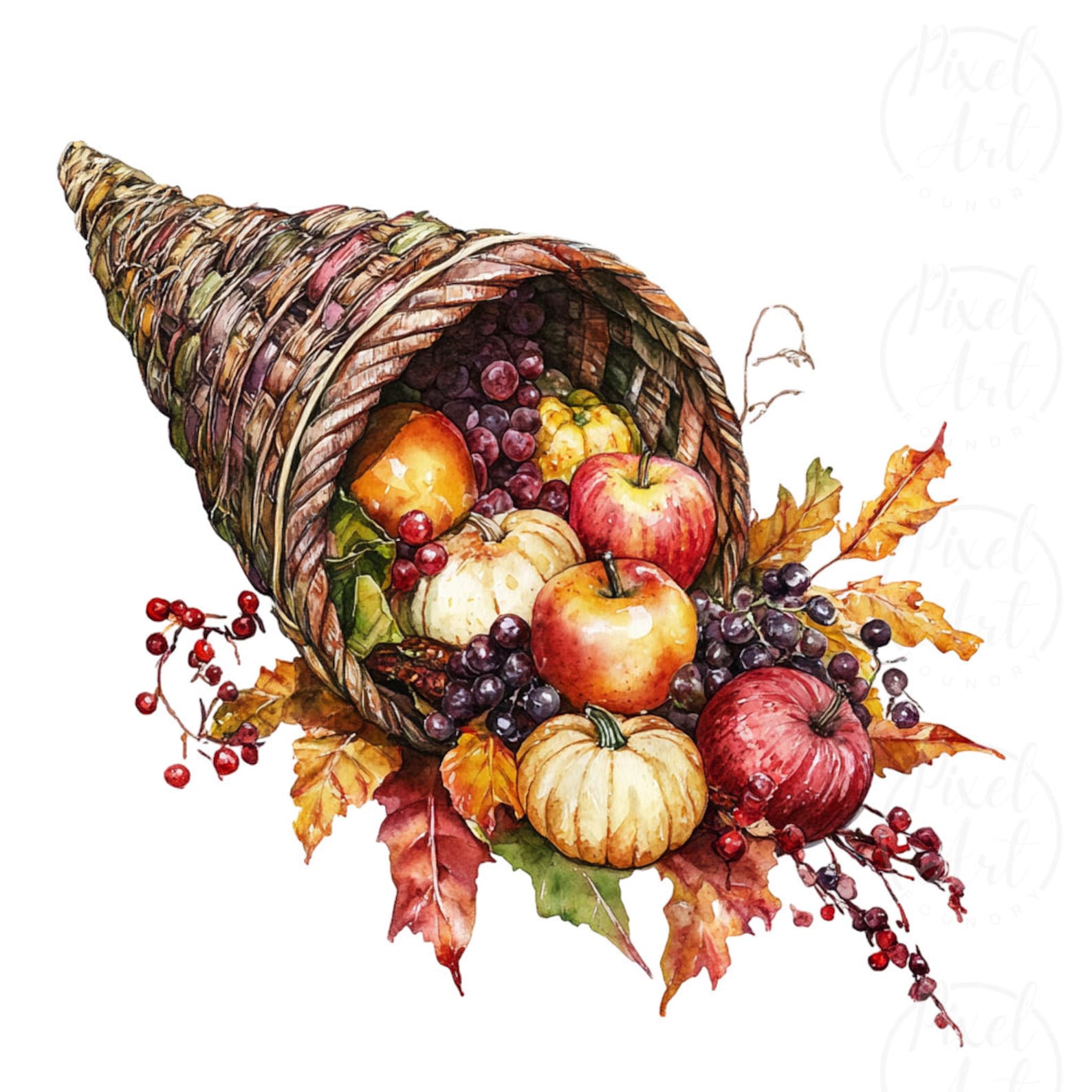 Abundant Fall Cornucopia Clipart, 23 PNG, Watercolor Thanksgiving ...
