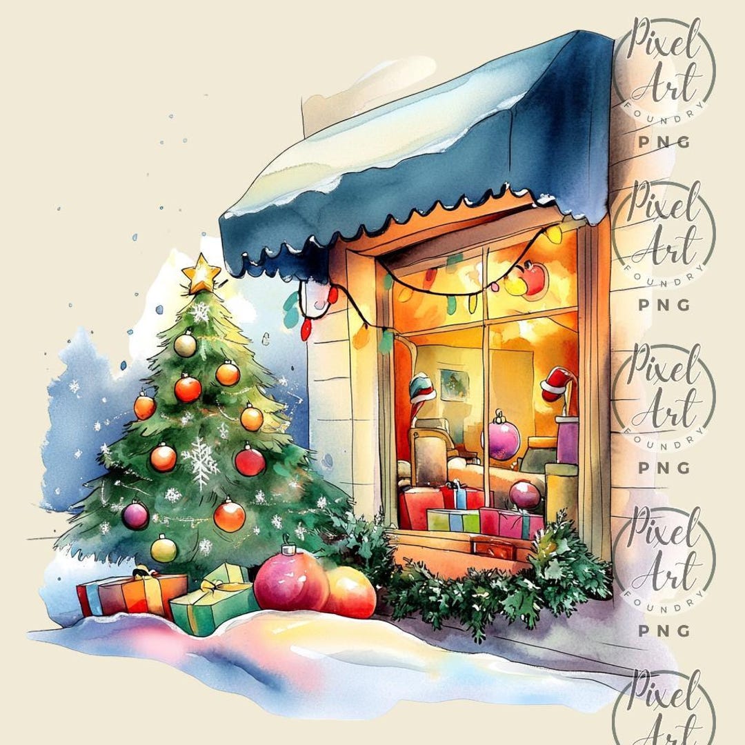 Vintage Christmas Market Clipart Festive Shop Windows Cozy Holiday 21 PNG Nostalgic Ornaments ...
