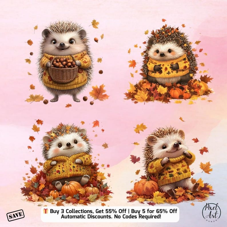 Fall Hedgehog Clipart Set 28 Pngs Cozy Autumn Animals With Sweaters ...