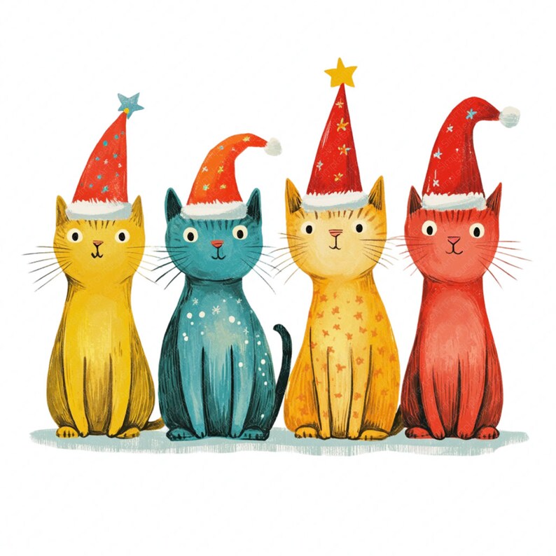 Quirky Christmas Cat Clipart Set, 20 PNG, Festive Cats in Santa Hats ...
