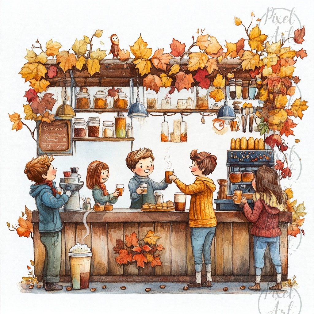 Coffee Shop Fall Scenes Clipart Cozy Autumn Cafe Illustrations Warm ...