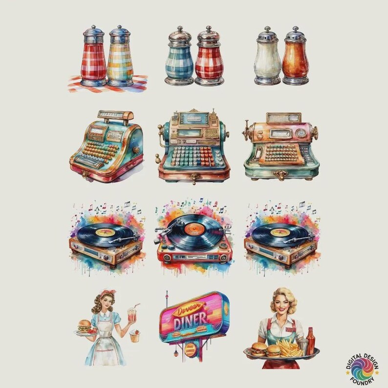 1950s Diner Watercolor Clipart: Retro Food, Cars, Waitresses (65 Pngs ...