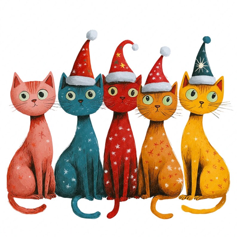Quirky Christmas Cat Clipart Set, 20 PNG, Festive Cats in Santa Hats ...