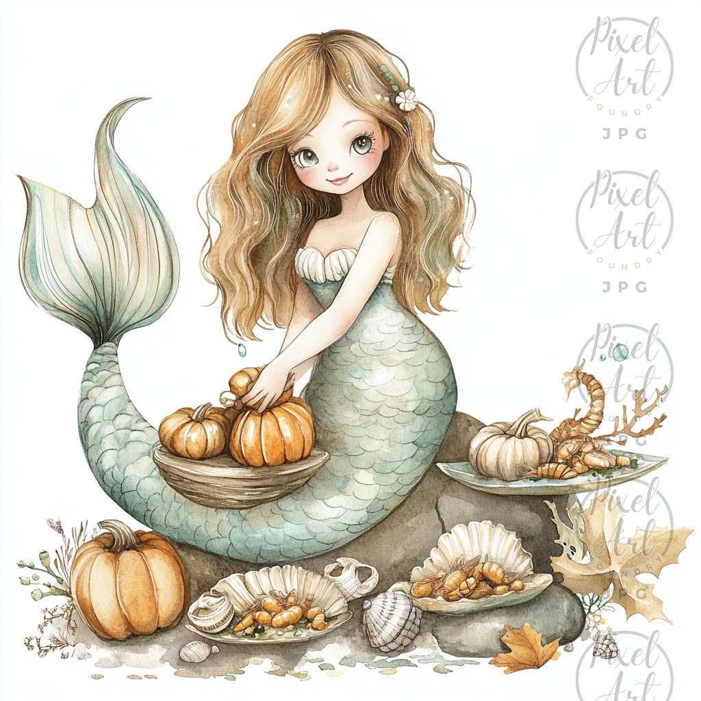 Thanksgiving Mermaid Clipart Cute Watercolor Mermaids With Pumpkins ...