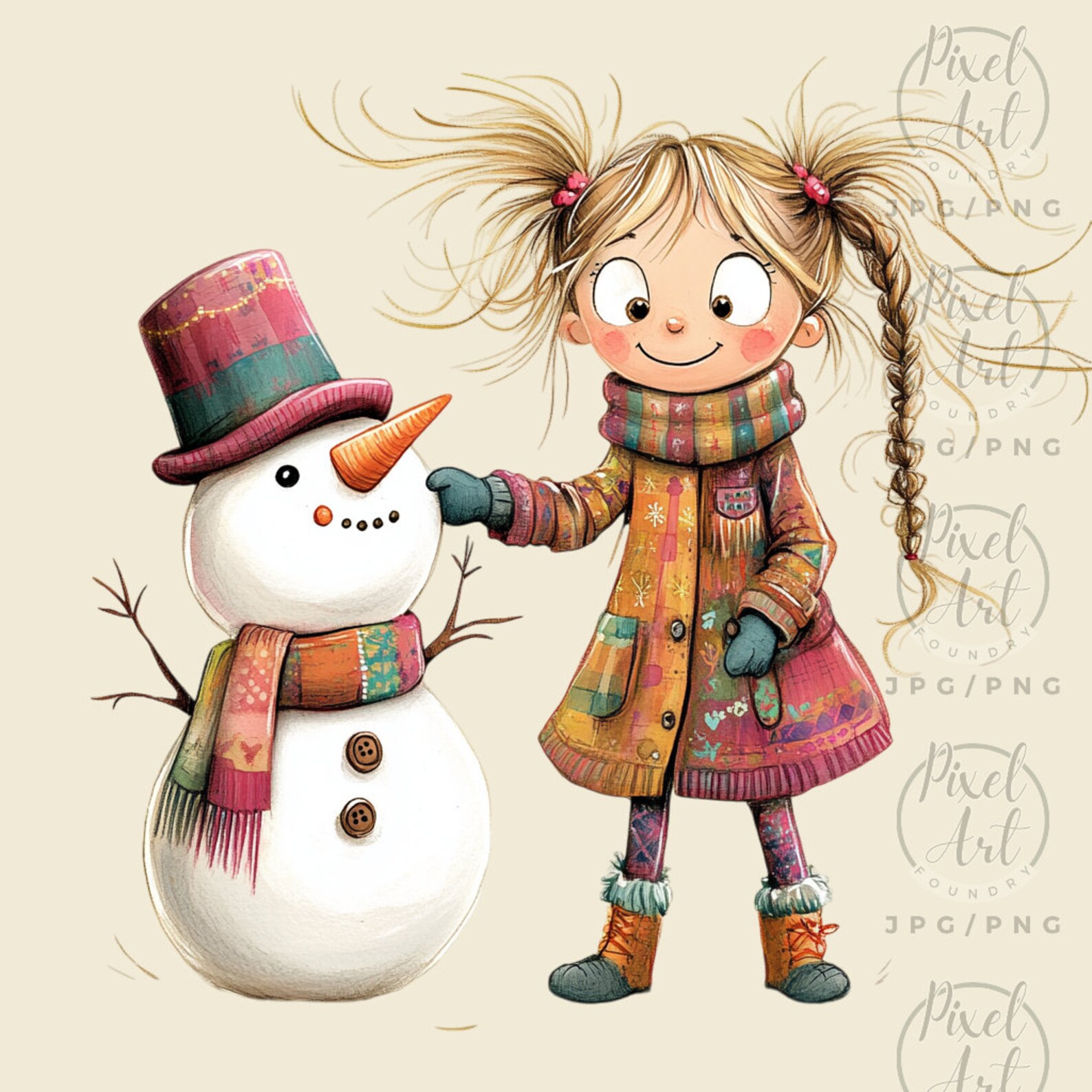 Quirky Girl Building Snowman Clipart Cute Winter Girl & Snowman Art ...