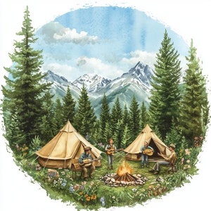 Retro Camping Adventures Clipart Collection Cozy Campfires Scenic Tents ...
