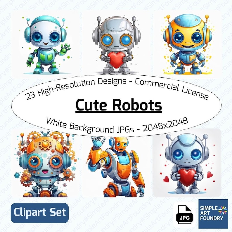 23 Cute Robot Clipart | JPG Digital Download | Whimsical Robots for ...