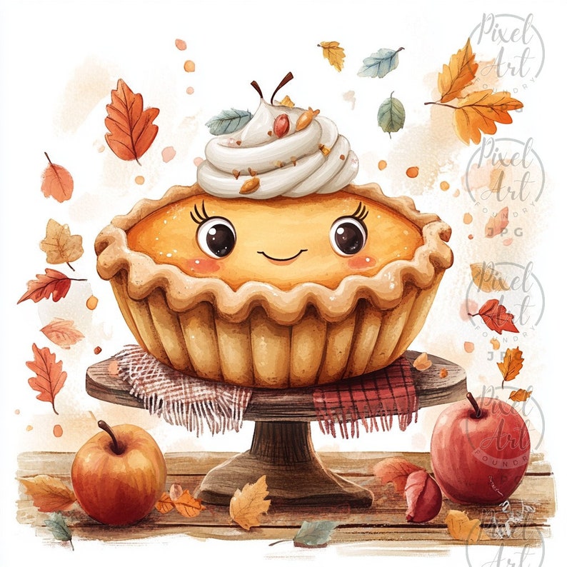 Cute Pumpkin Pie Clipart: Thanksgiving Watercolor Art (digital Download ...