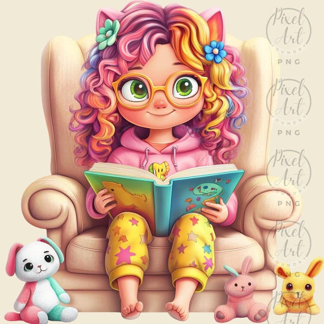 Reading Girl Clipart: Cozy Book, Kids Illustrations (PNG Digital ...