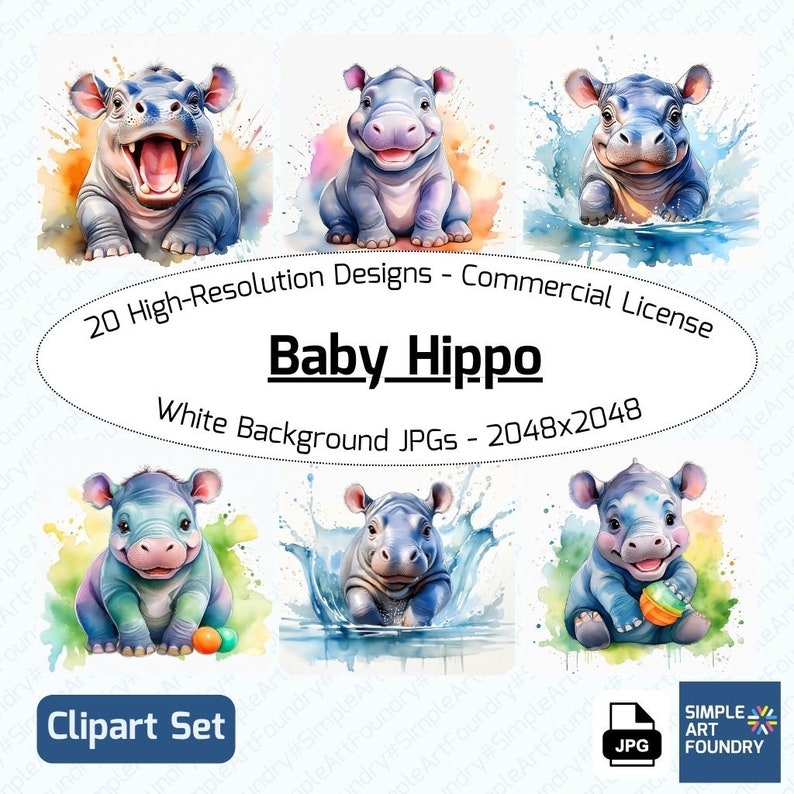 20 Baby Hippo Clipart | Adorable Watercolor Jpgs (300 DPI) | Digital ...