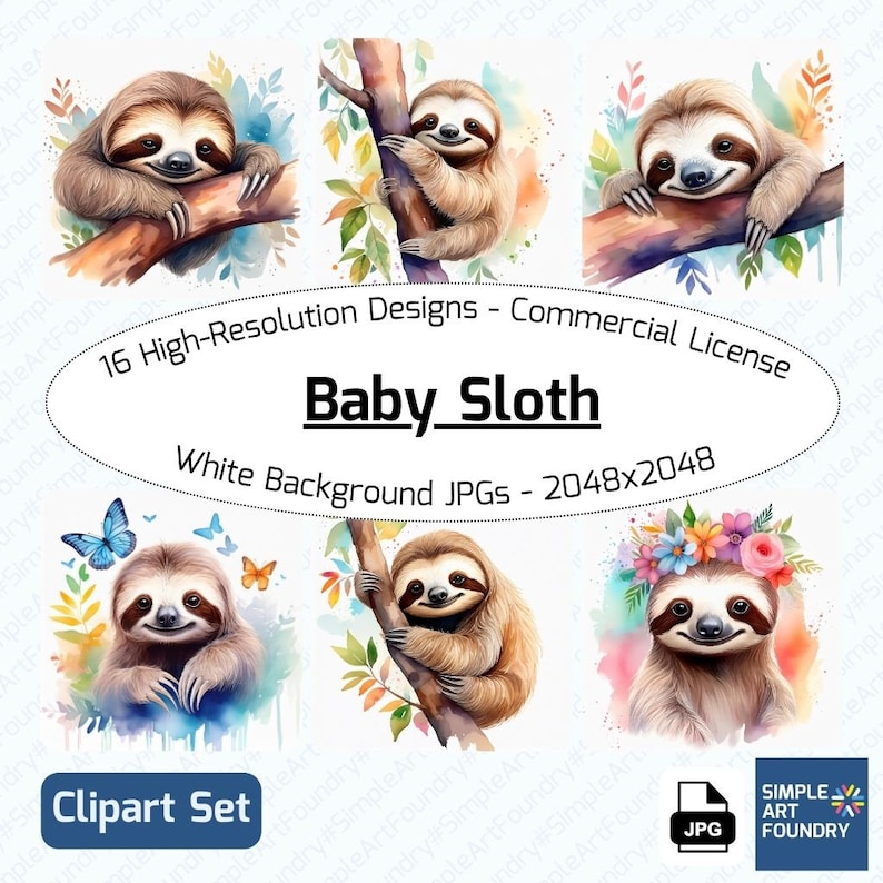 16 Baby Sloth Clipart | Cute JPG Sloths | Watercolor Animals for ...