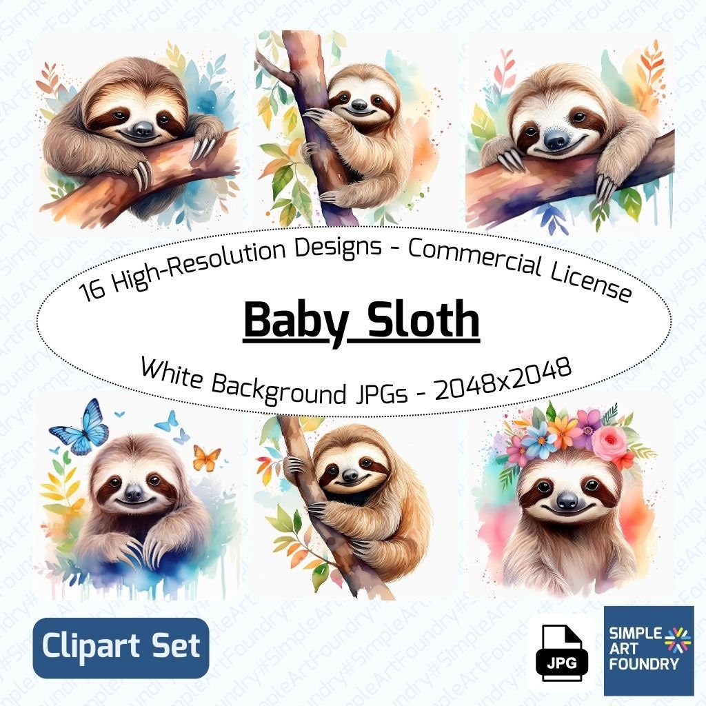 16 Baby Sloth Clipart Cute JPG Sloths Watercolor Animals for ...