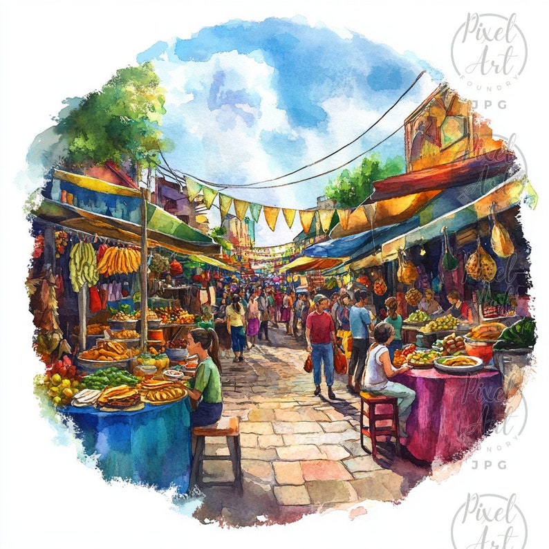 Eclectic Street Markets Clipart Vibrant Market Scenes Street Vendors ...