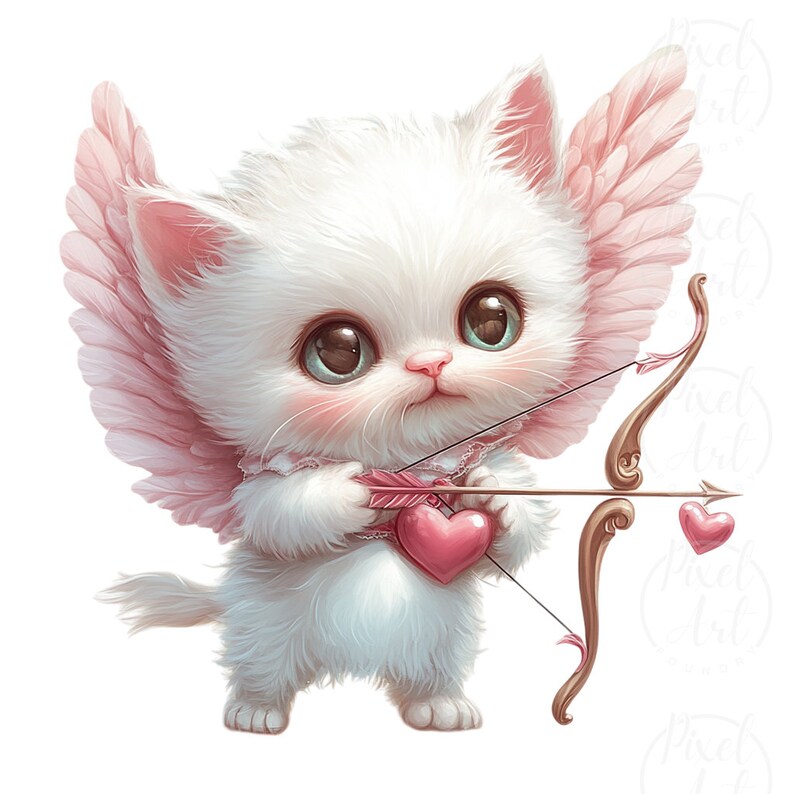 Valentine's Angel Cat Clipart, Quirky Winged Kittens, Watercolor Cupid ...