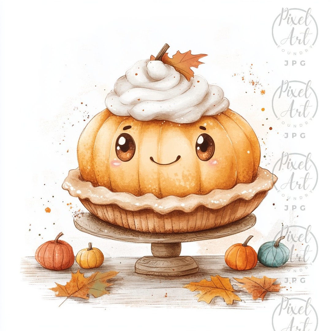 Cute Pumpkin Pie Clipart: Thanksgiving Watercolor Art (digital Download ...