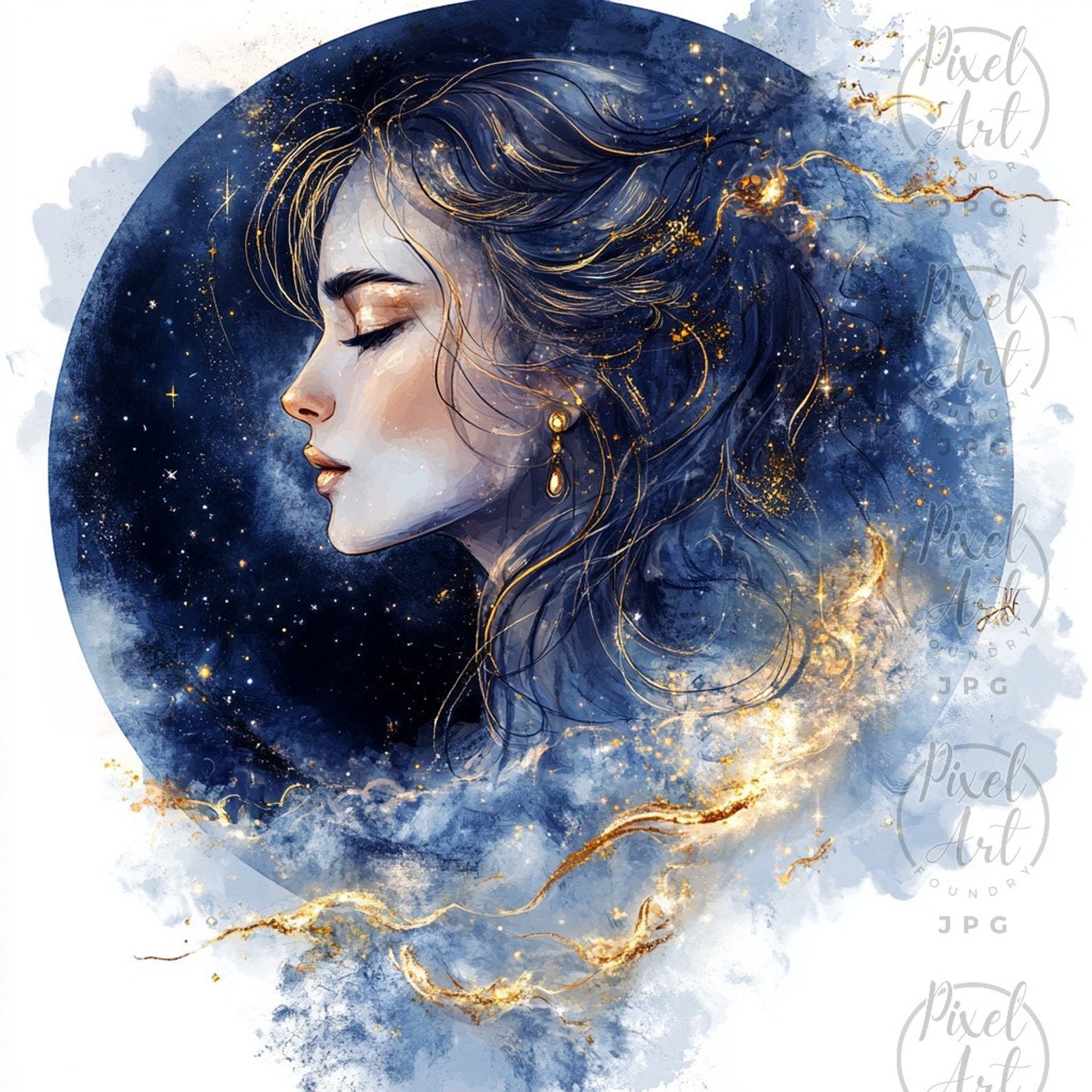 Mystical Half Moon Goddess Clipart Celestial Woman Illustrations Watercolor Art Moon Phases ...