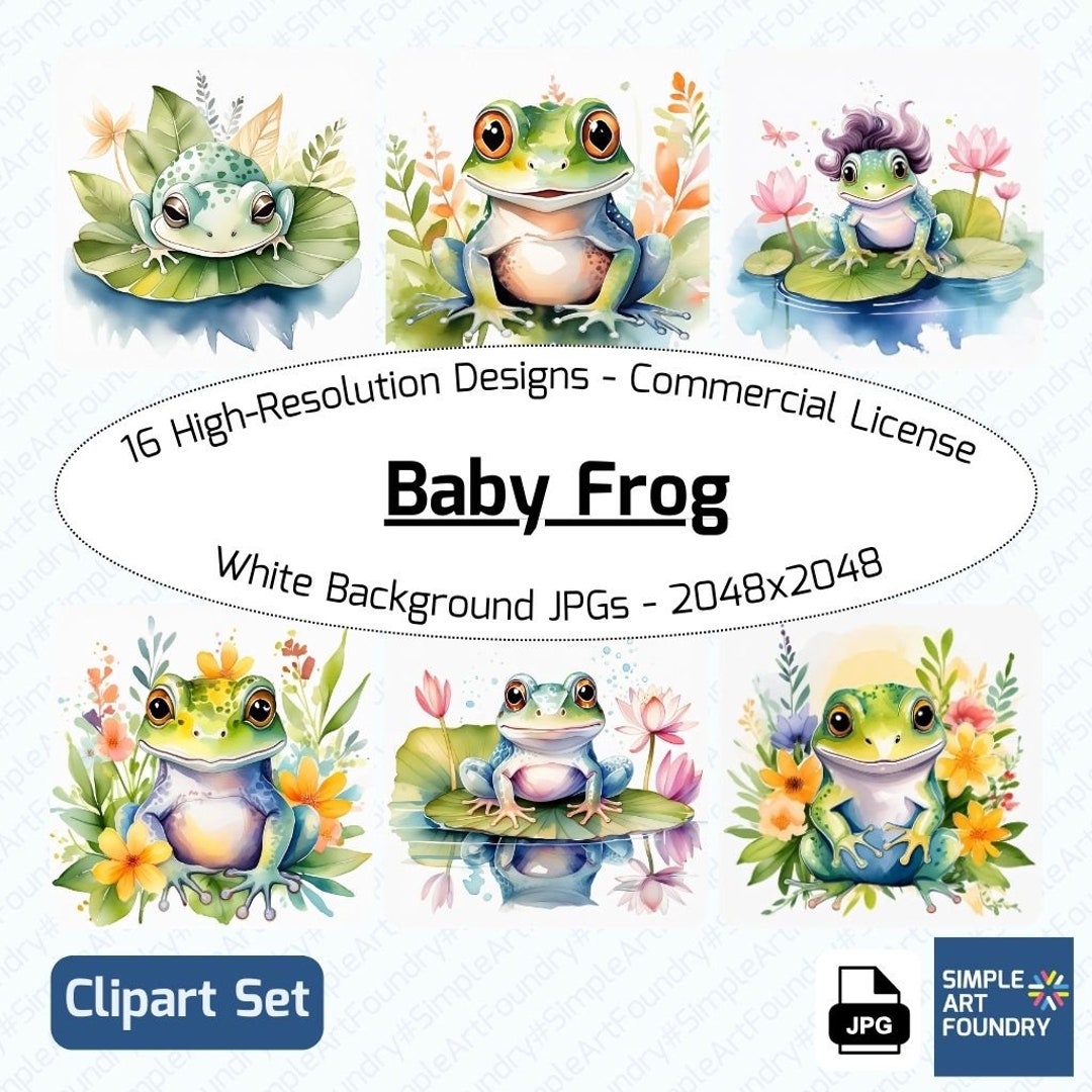 16 Baby Frog Clipart | Cute Watercolor Jpgs (300 DPI) | Digital Art for ...