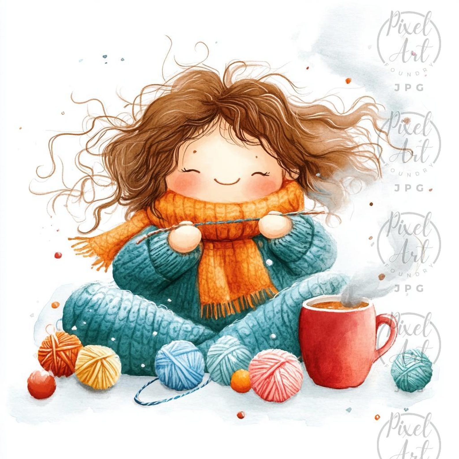 Cozy Winter Knitting Clipart Characters Messy Hair Yarn DIY Crafting ...