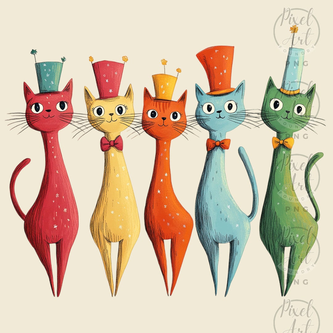 Quirky Cats Dancing Clipart Set Party Cats in Festive Hats Whimsical ...
