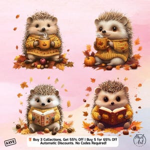 Fall Hedgehog Clipart Set 28 Pngs Cozy Autumn Animals With Sweaters ...