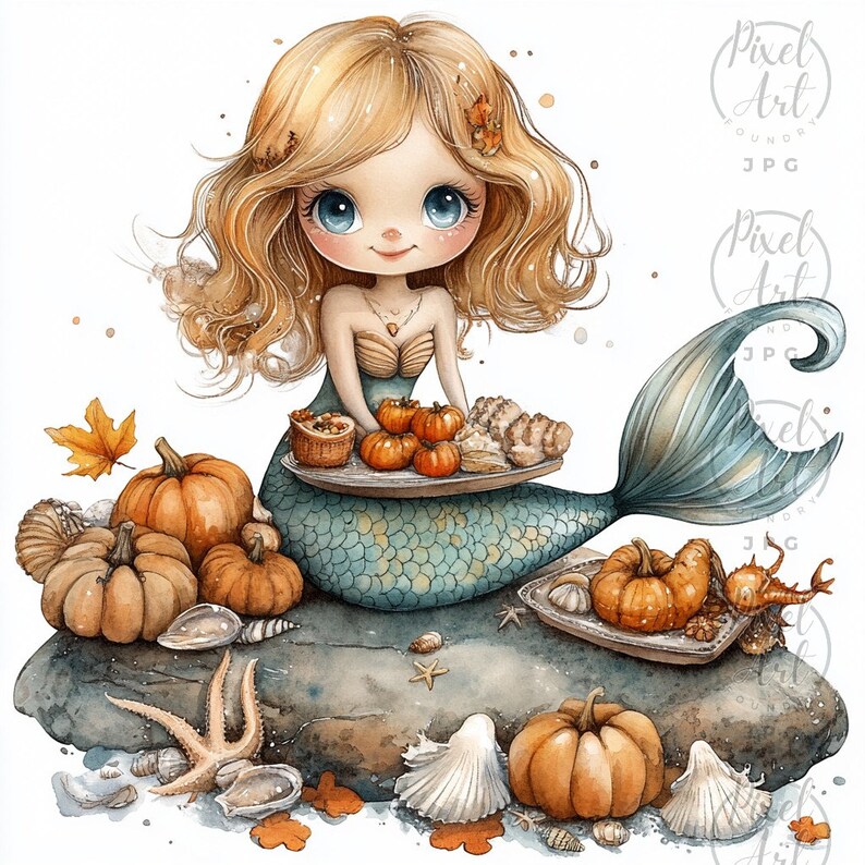 Thanksgiving Mermaid Clipart Cute Watercolor Mermaids With Pumpkins ...