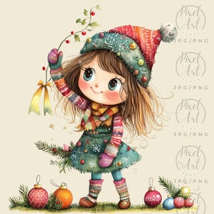 Quirky Girl Christmas Clipart Festive Girl Decorating Christmas Tree ...