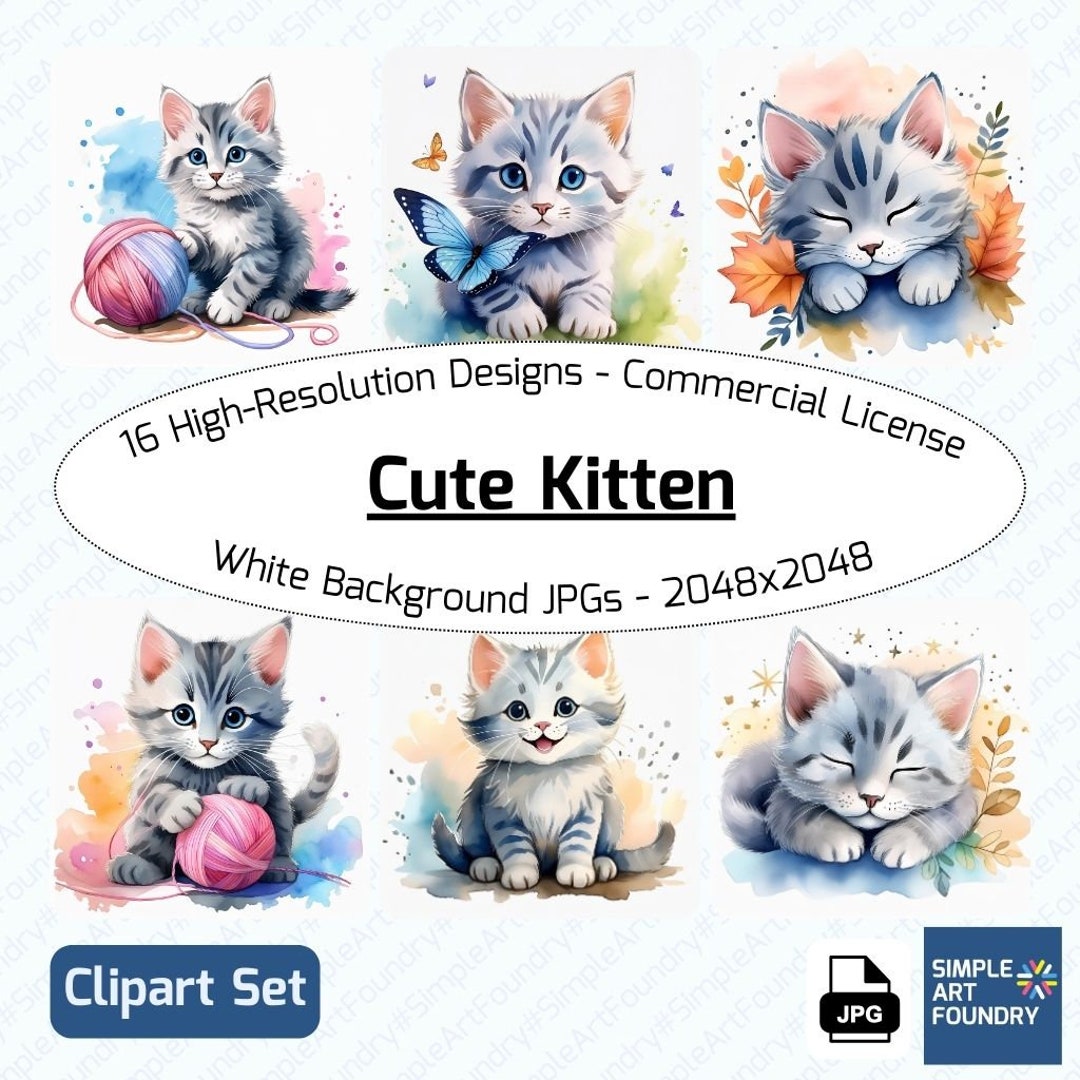16 Kitten Clipart | Cute Watercolor Kitty Cat Jpgs | Digital Art for ...