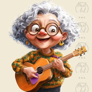 Quirky Music-loving Grandma Clipart Guitar Playing Granny 19 PNG ...