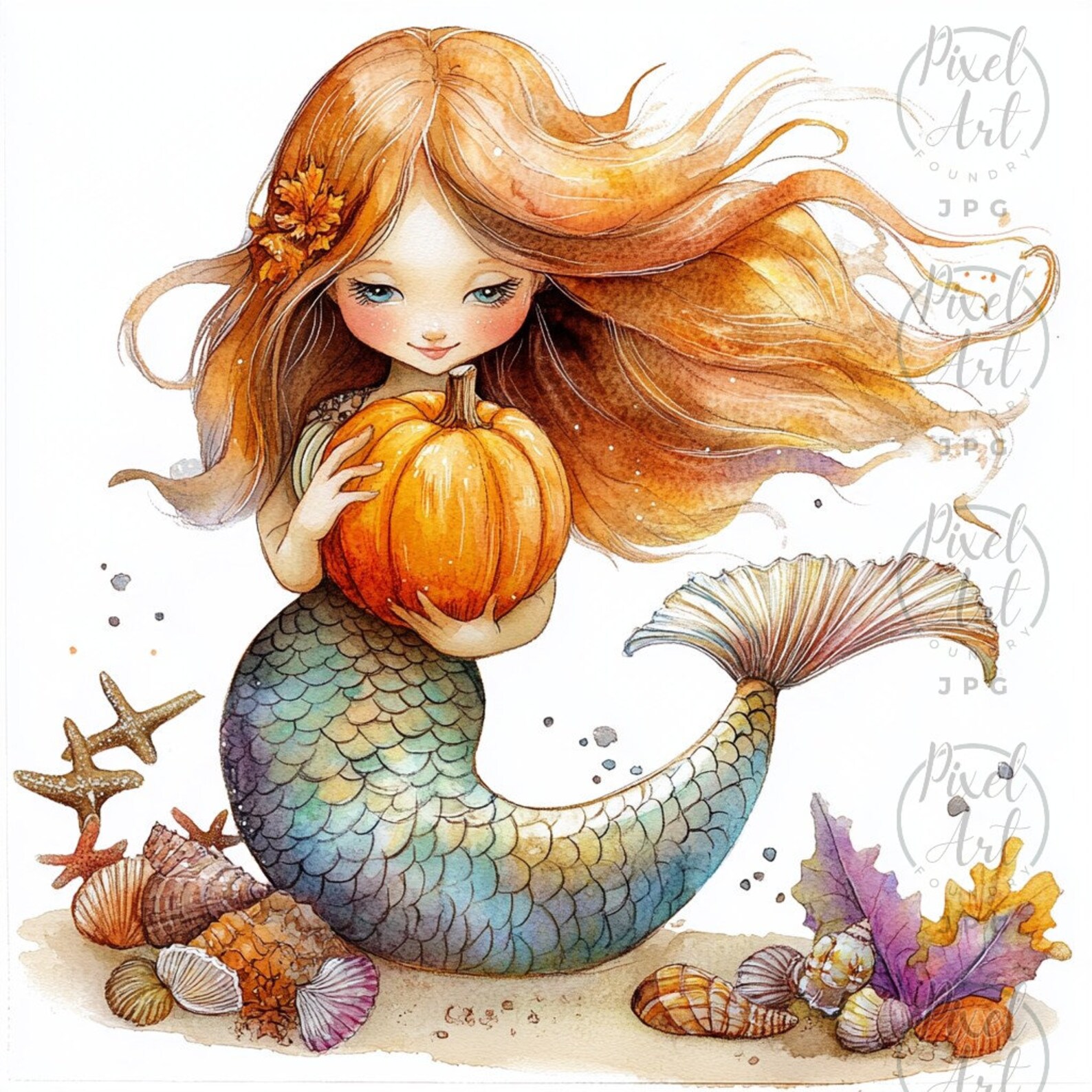Thanksgiving Mermaid Clipart Cute Watercolor Mermaids With Pumpkins ...