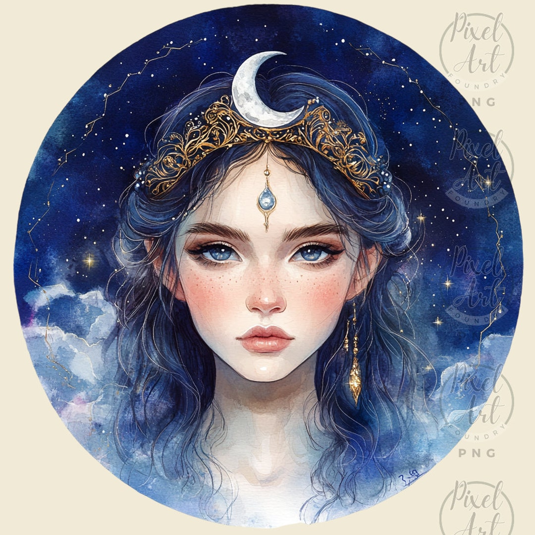 Moon Goddess Watercolor Portrait Clipart: Celestial Fantasy Art (17 PNG ...