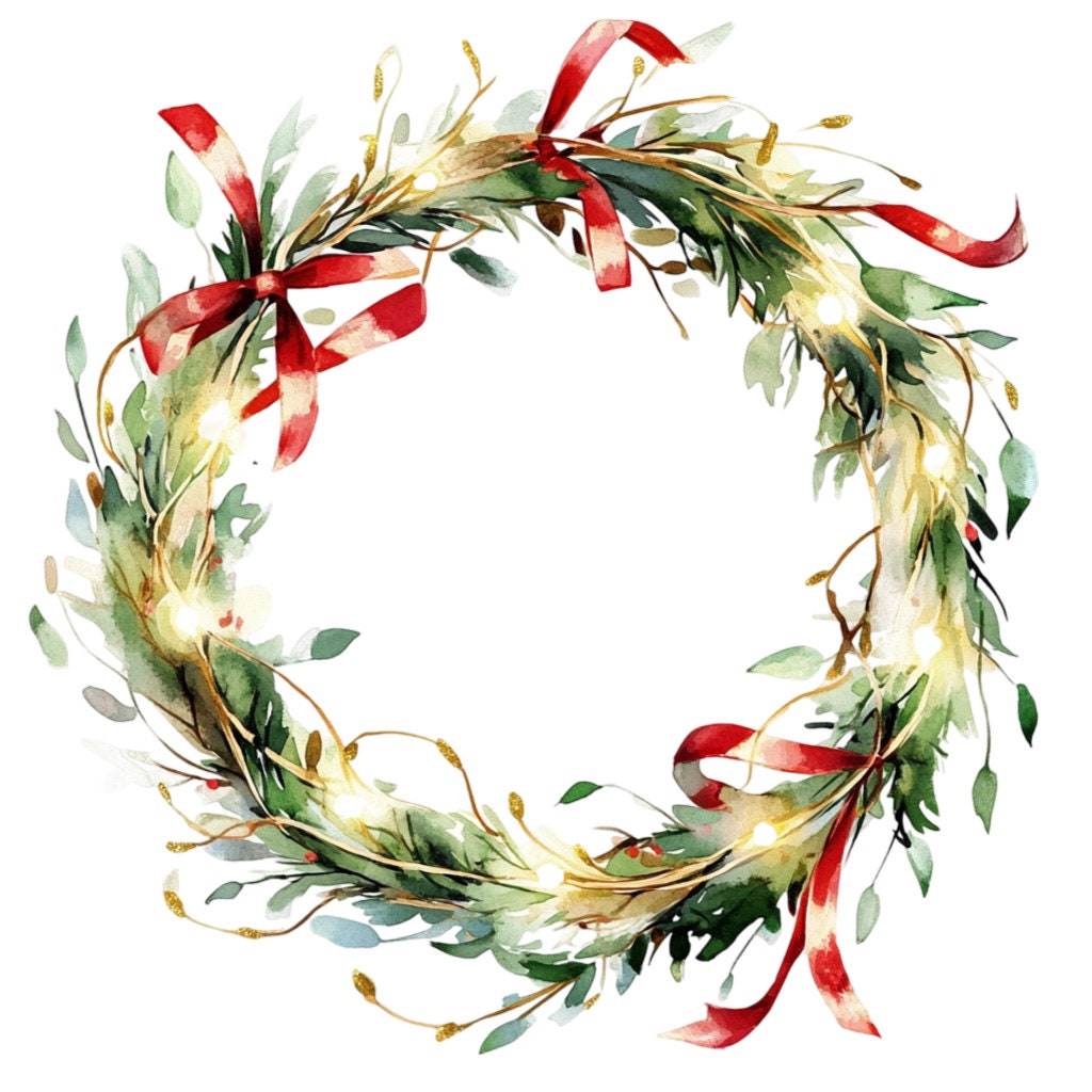 Christmas Wreath Clipart Set, 24 Pngs, Holiday Greenery and Red Bows ...