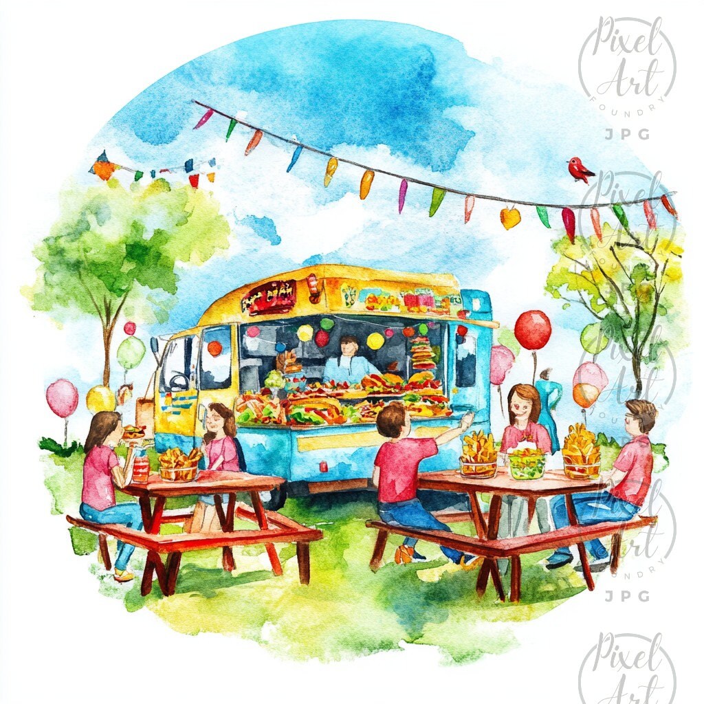 Festive Food Trucks Watercolor Clipart: Junk Journals, Scrapbooking (24 ...