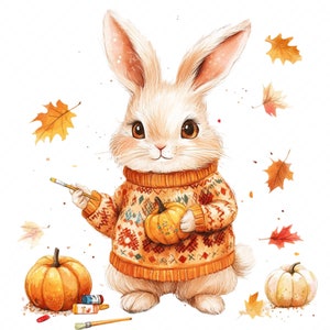 Fall Bunny Clipart Set 28 Pngs Cozy Sweaters & Autumn Leaves Cute ...