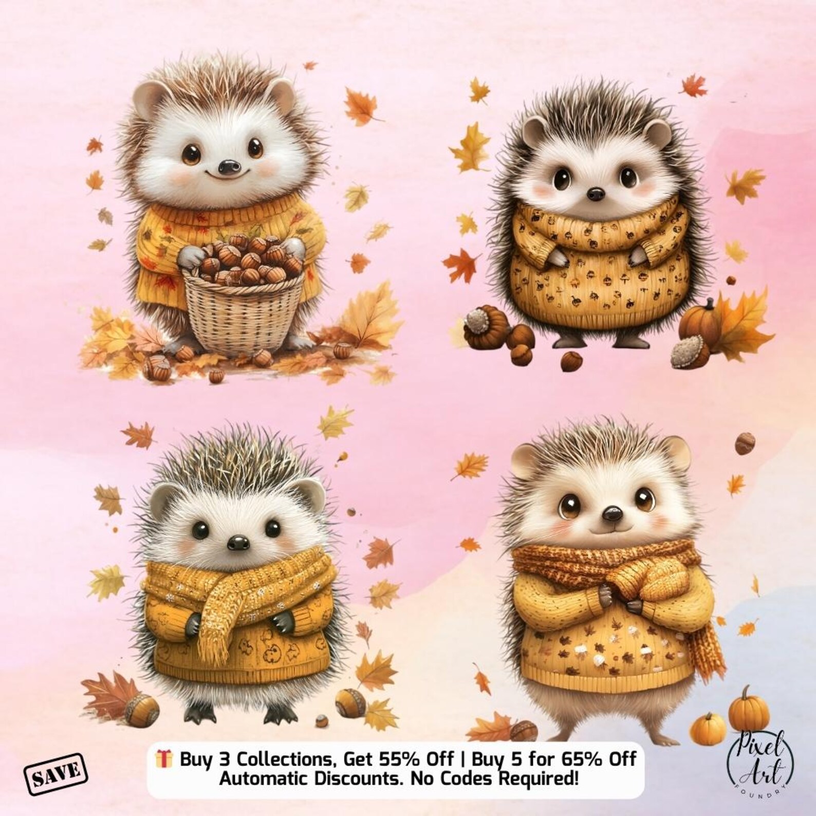 Fall Hedgehog Clipart Set 28 Pngs Cozy Autumn Animals With Sweaters ...