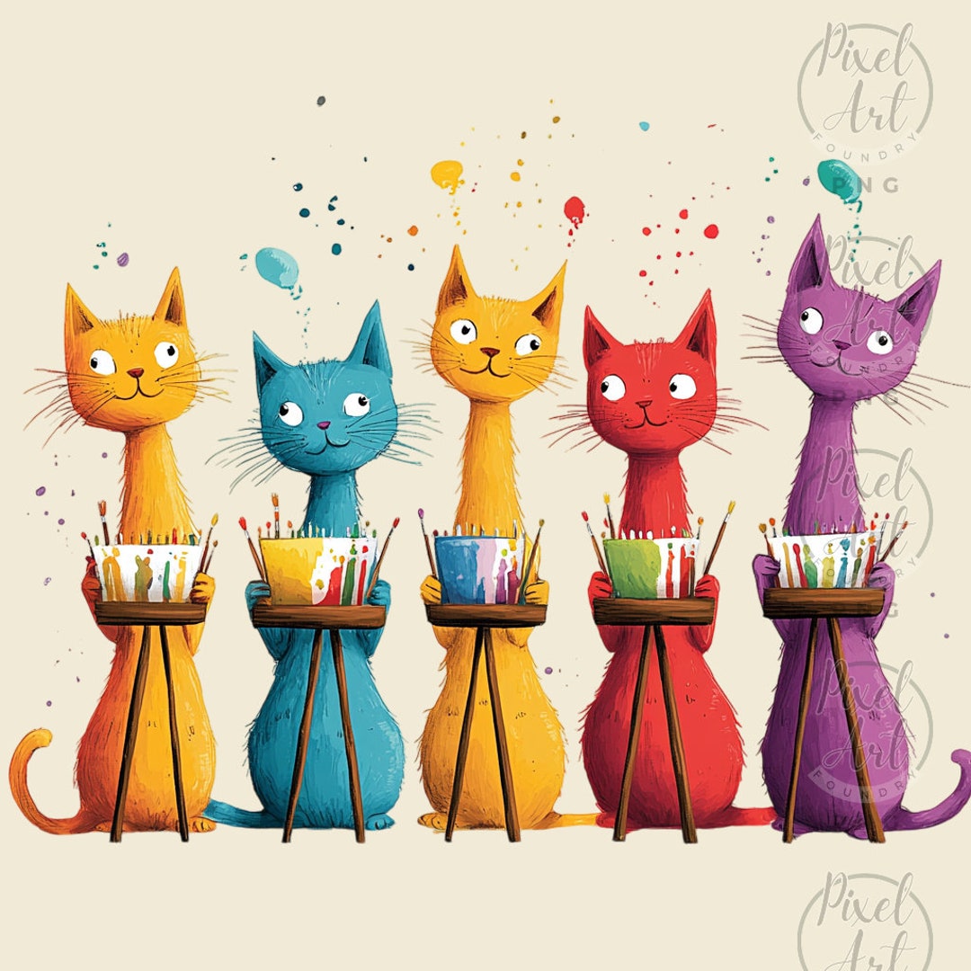 Quirky Artistic Cats Clipart Colorful Cat Illustrations Digital Cat Art ...
