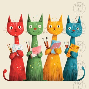 Quirky Artistic Cats Clipart Colorful Cat Illustrations Digital Cat Art ...