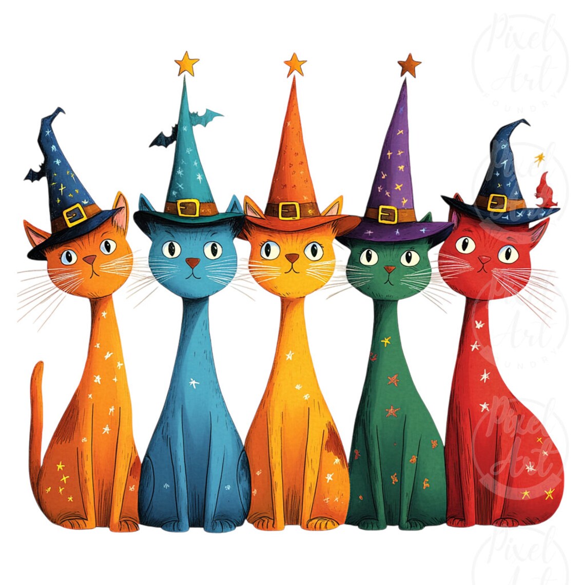 Halloween Cat Clipart: 24 Witch Hat Cats PNG, Spooky Decor (digital ...