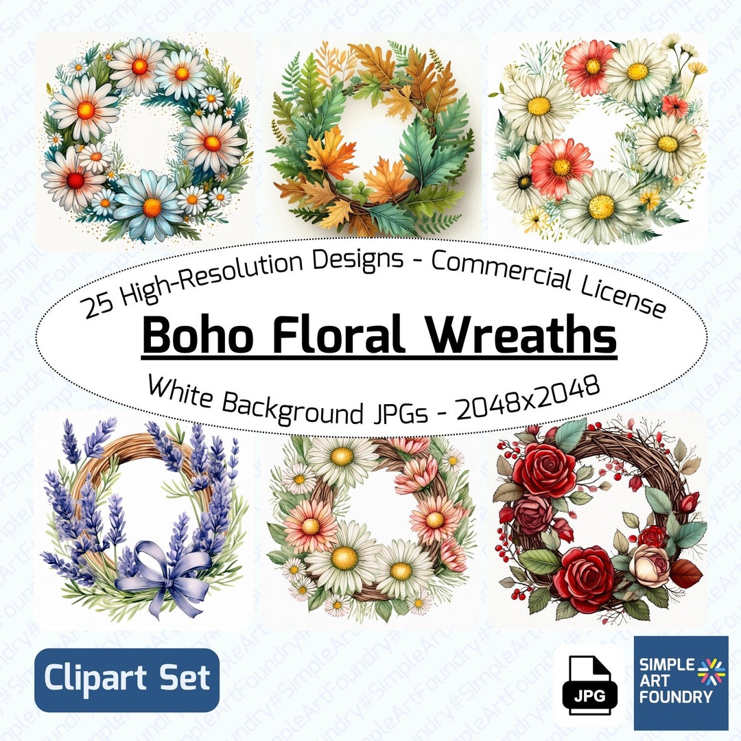 25 Boho Floral Wreath Clipart | Watercolor JPG | Rustic Wreaths for ...