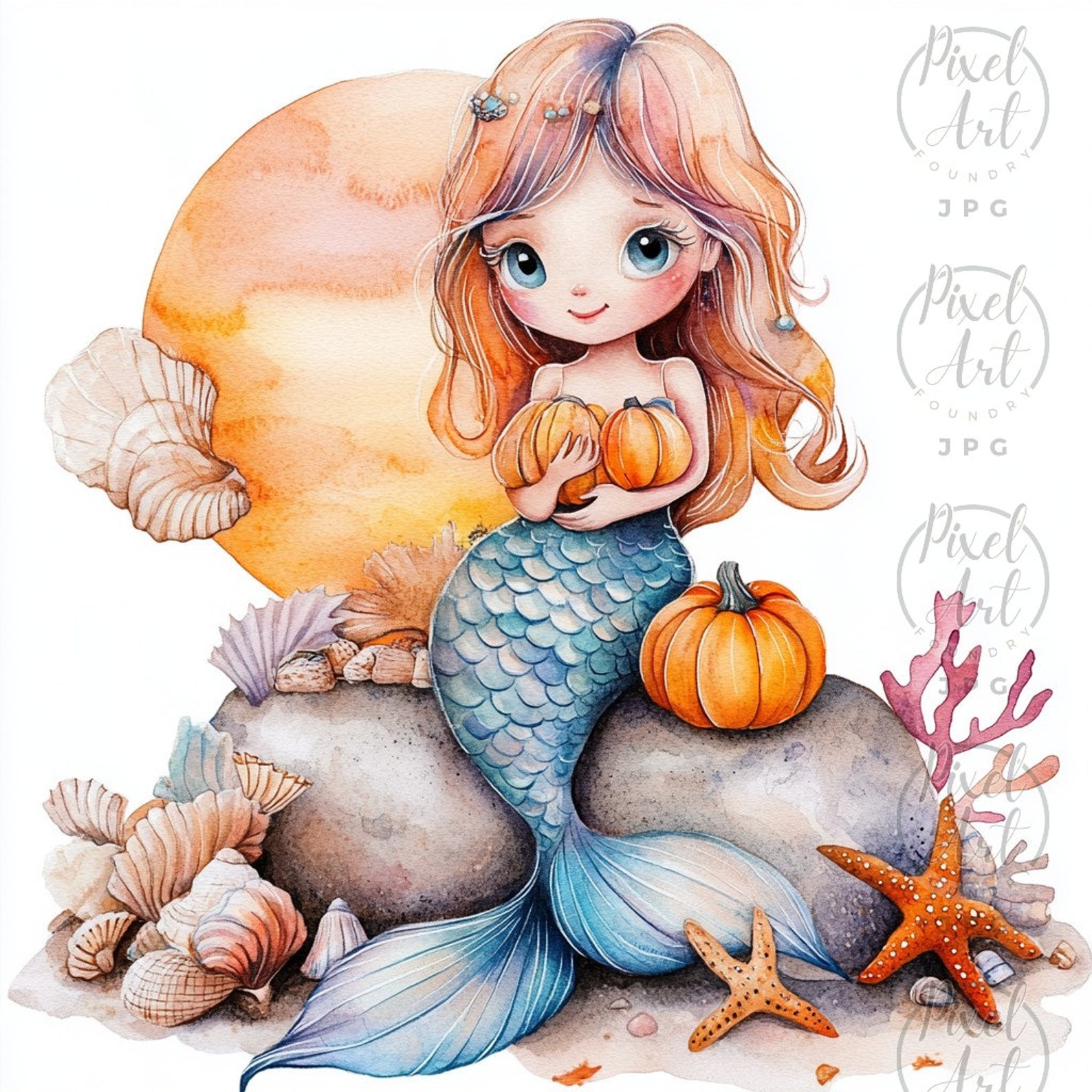 Thanksgiving Mermaid Clipart Cute Watercolor Mermaids With Pumpkins ...