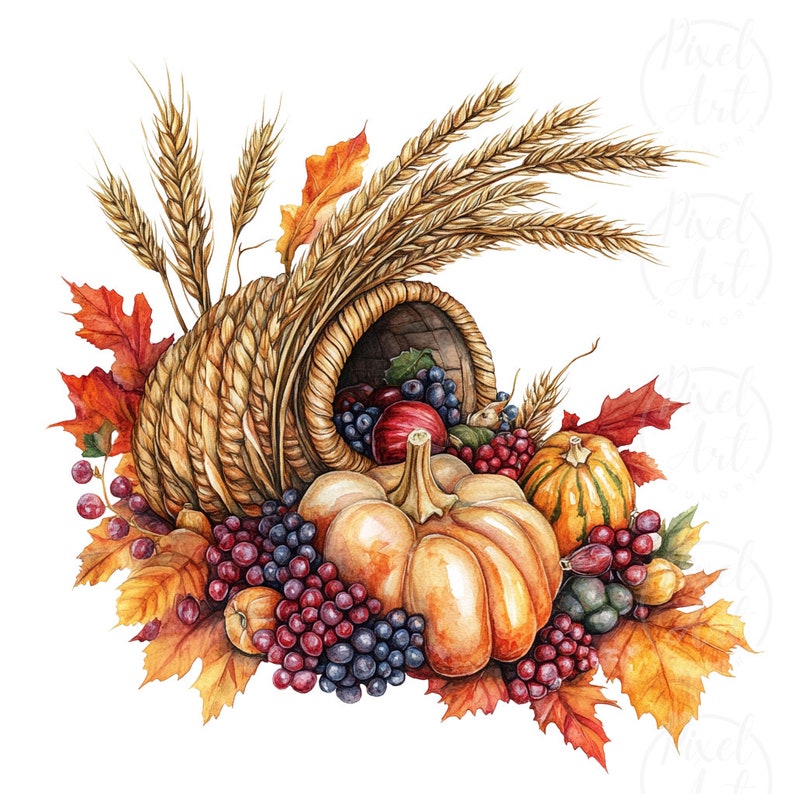 Watercolor Fall Cornucopia Clipart: Thanksgiving Harvest PNG (23 Images ...