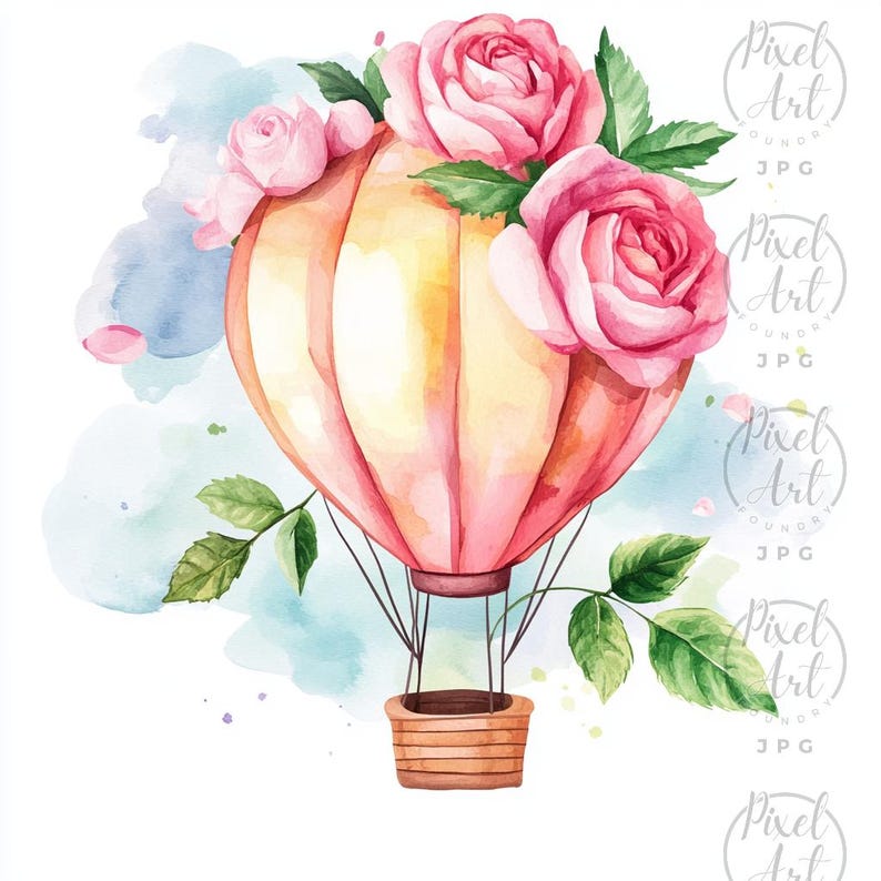 Floating Floral Hot Air Balloons Clipart Pastel Flowers Romantic ...