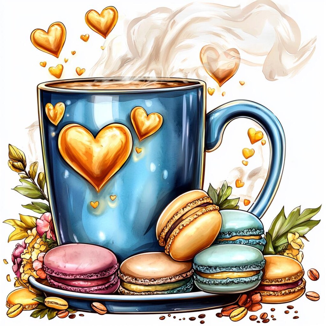 Macaron Hearts Clipart, Cute Coffee Mug Designs, Kitchen Decor Art ...