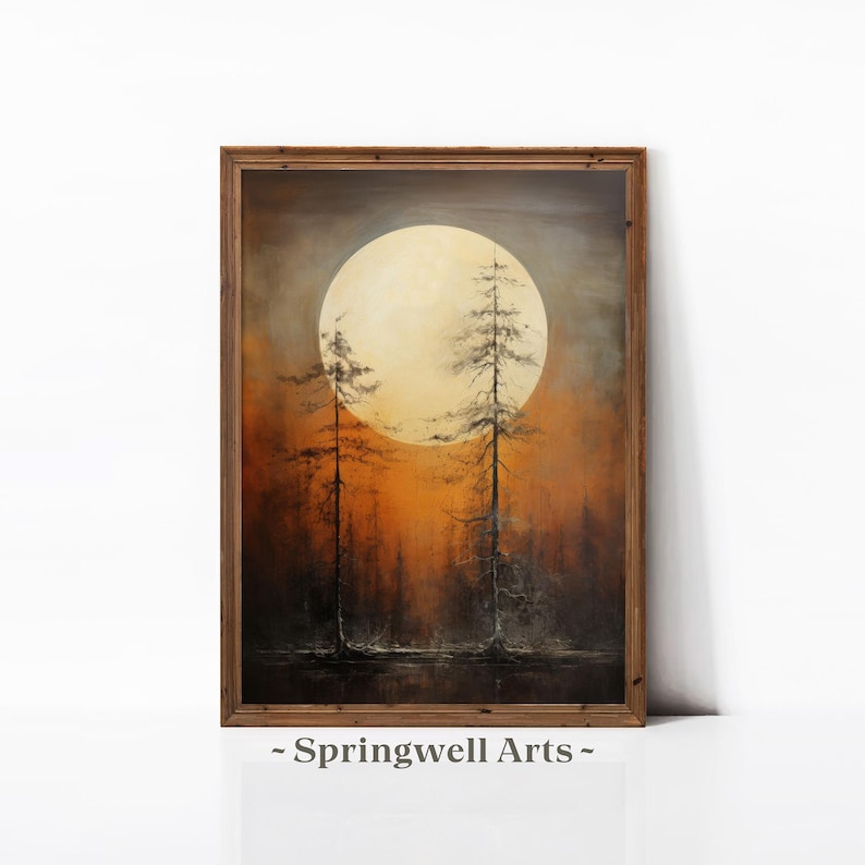 Autumn Full Moon Landscape Art | Printable Dark Moody Fall Forest Scene ...