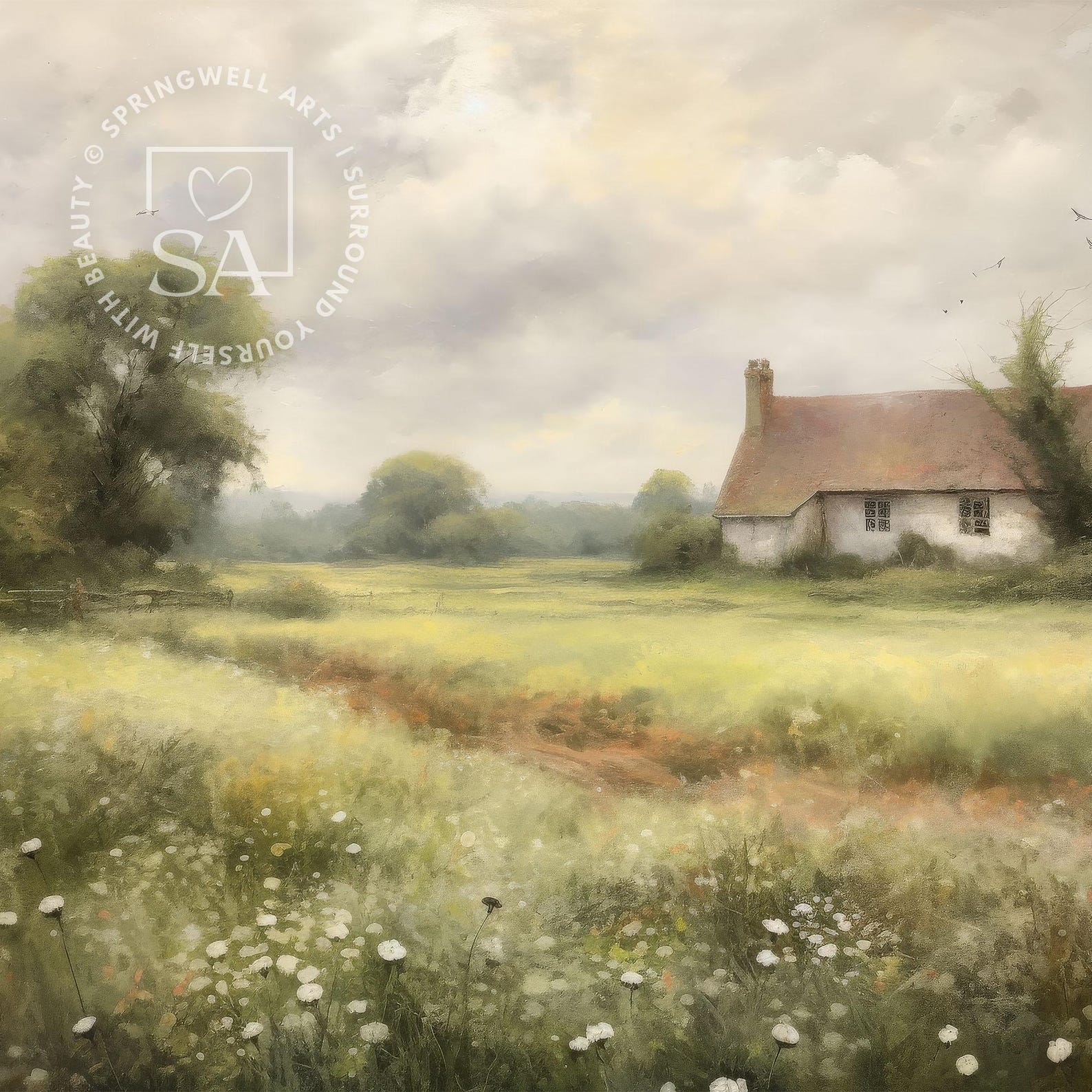 Farmhouse Wildflowers Landscape | Rustic Country Cottage Wall Art ...