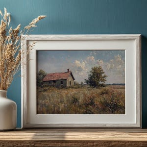 Vintage Farmhouse Landscape Print, Rustic Farmland Wall Art, Wildflower ...