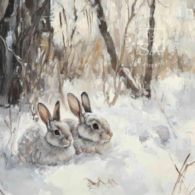 Rustic Winter Bunny Rabbits Printable Art | Woodland Snowy Forest ...
