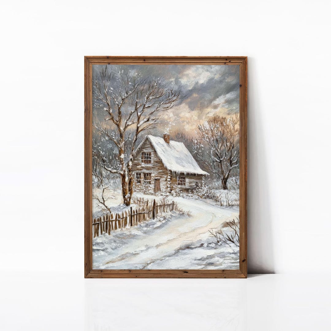 Winter Cottage Art Print Cozy Cabin in Snowy Forest Digital Download ...