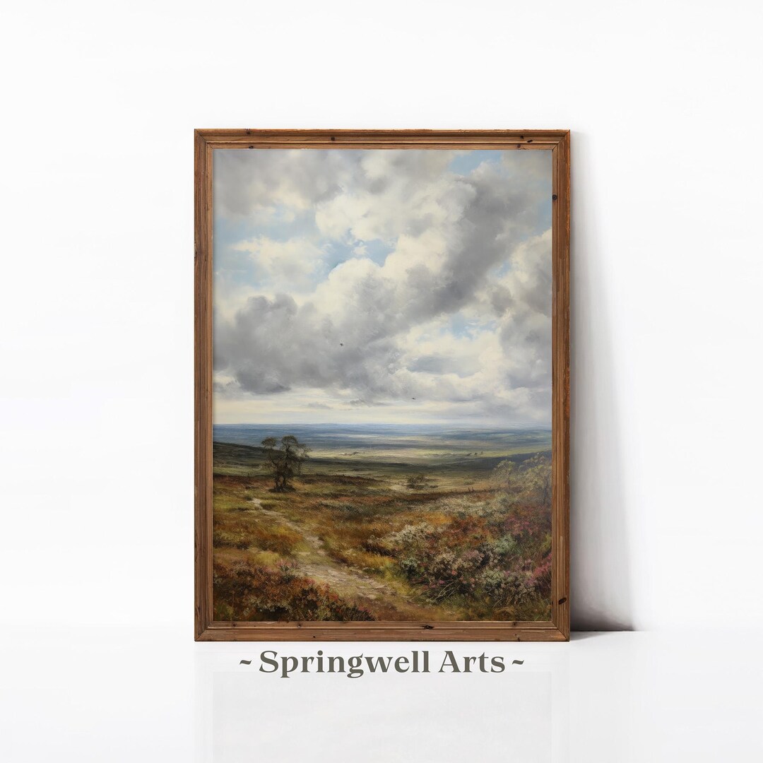Antique Prairie Landscape Painting | Cloudy Sky Scenic Artwork Digital ...